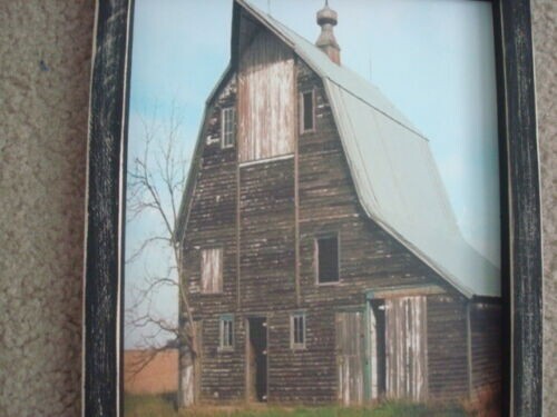 Primitive Country Print *OLD A-FRAME BARN* in black hand made frame 9 ...