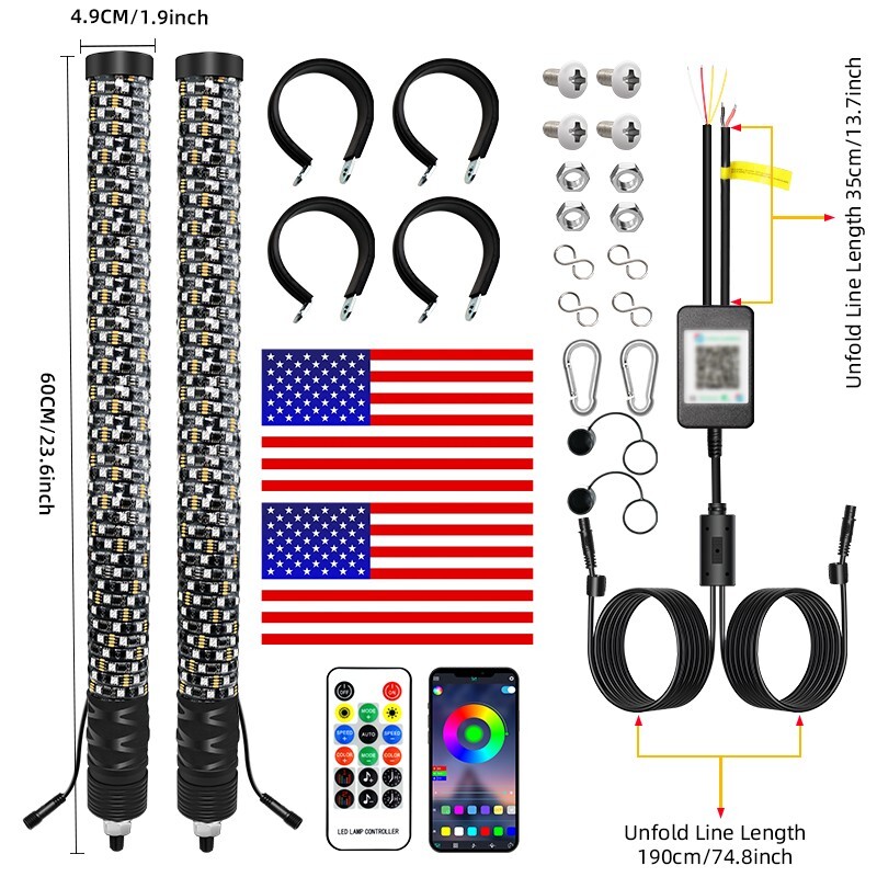 Pair 2FT Spiral LED Fat Whip Lights RGB Chasing for RZR Can-Am X3 ATV ...