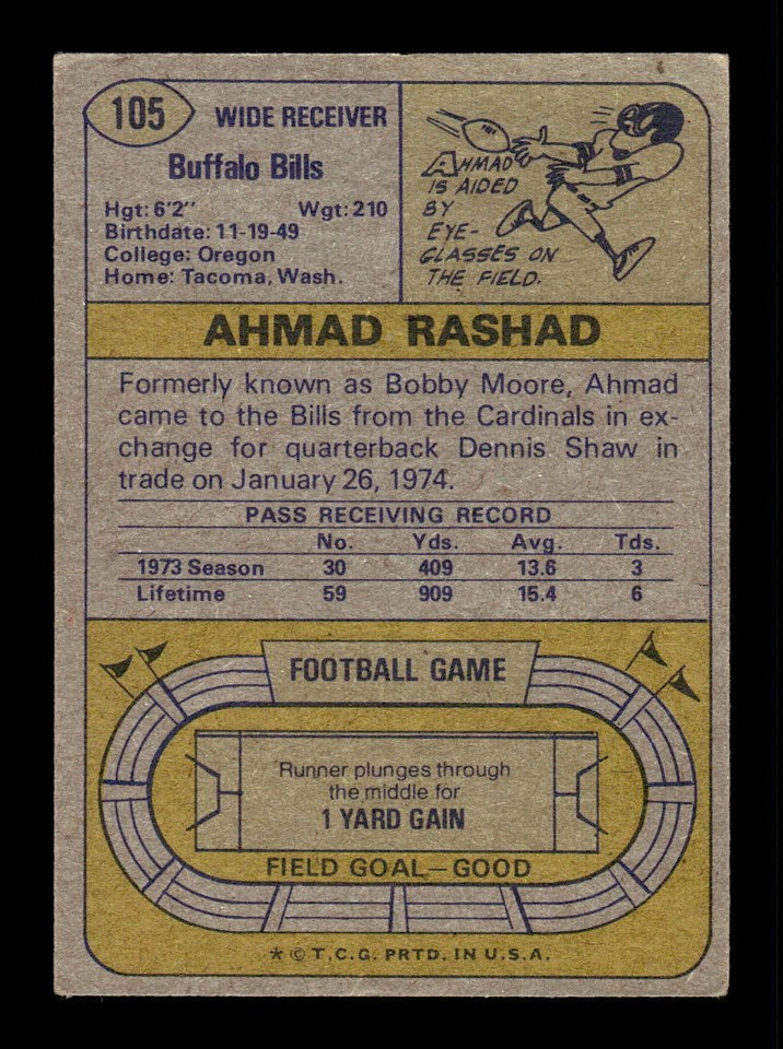 1974 Topps Football #105 Ahmad Rashad RC Buffalo Bills | eBay