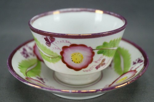 British Hand Painted Pink Luster Yellow & Green Floral Tea Bowl ...
