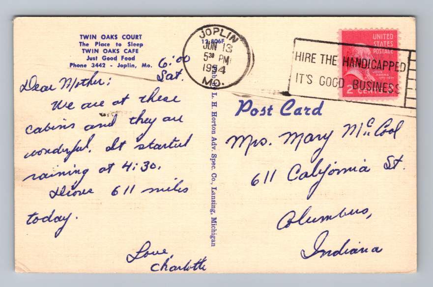 Twin Oaks Court Motel ~ Vintage ROUTE 66 Linen JOPLIN Missouri Postcard ...