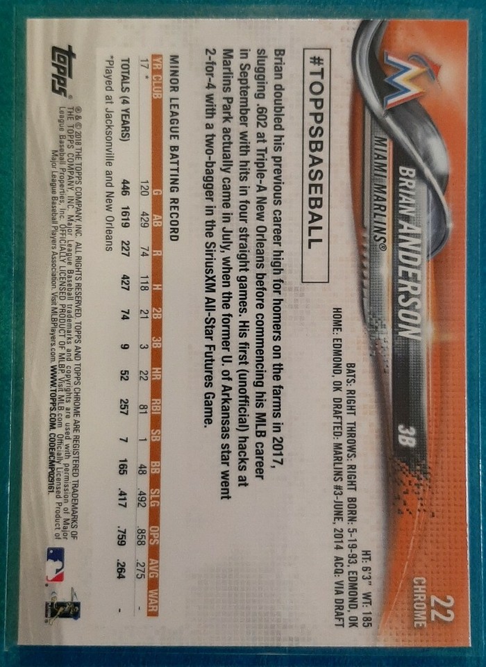 2018 TOPPS CHROME BRIAN ANDERSON ROOKIE #22 MIAMI MARLINS | eBay