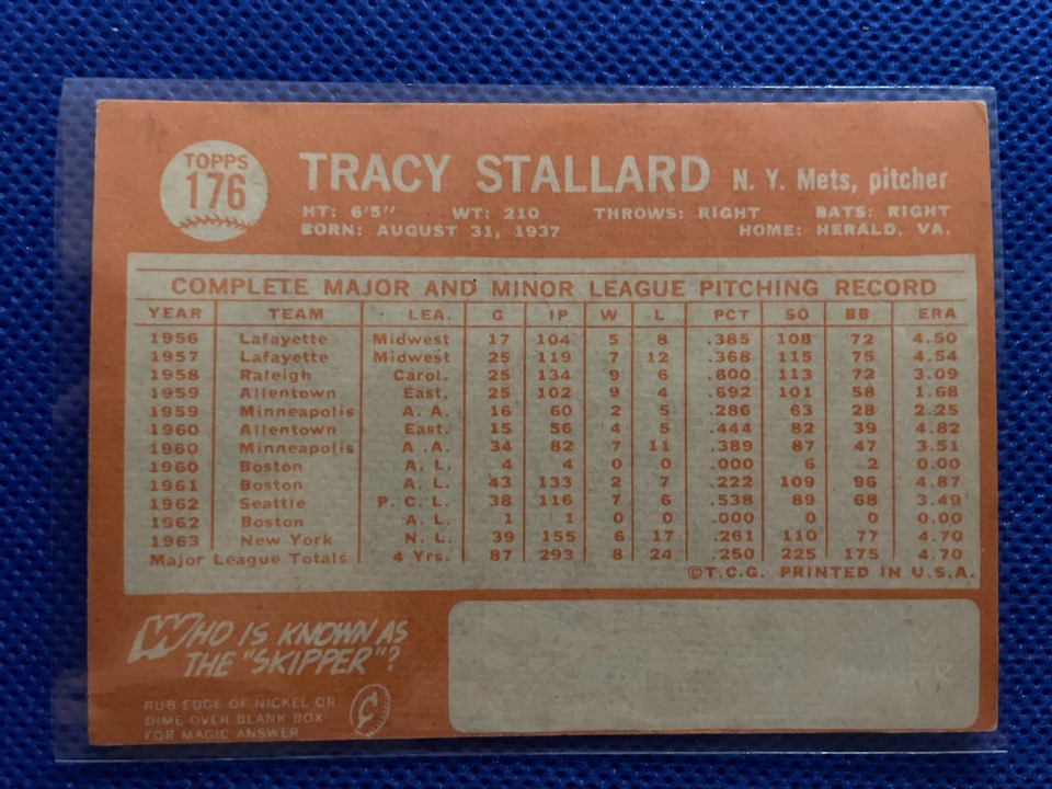 1964 TOPPS # 176 TRACY STALLARD | eBay