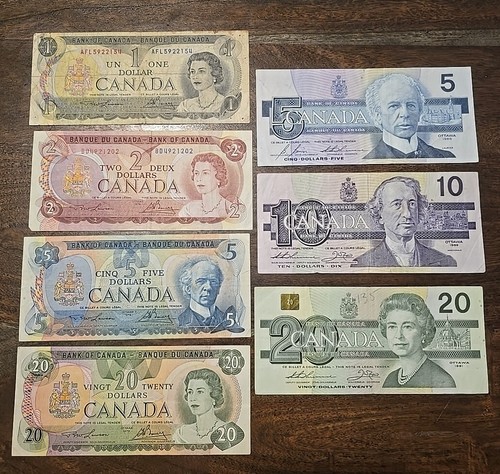 B83*CANADA BANKNOTES 1,2,2x5,10,2x20=63$ Dollars 1973,1974,1979,1986 ...
