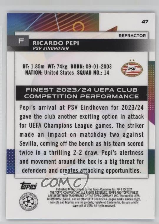 2023-24 Topps Finest UEFA Club Competitions Refractor Ricardo Pepi #47 ...