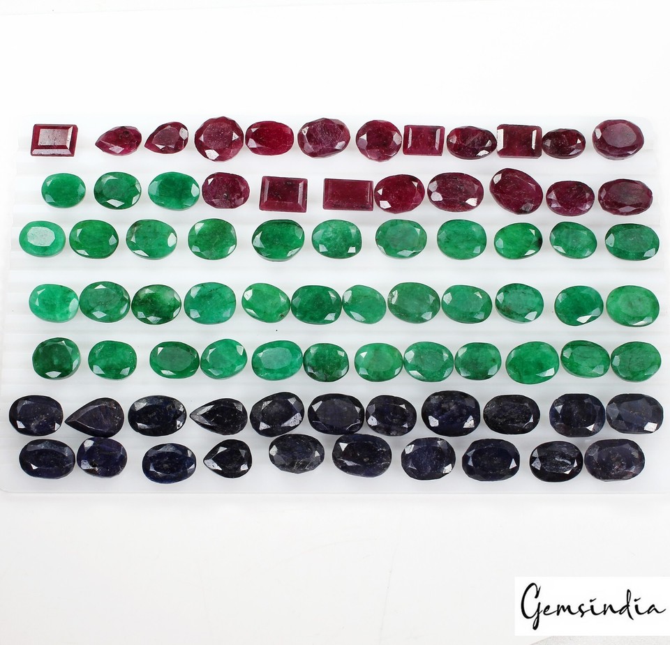 1120 Ct/79 Pcs Natural Ruby, Emerald & Sapphire Mix Cut Loose Ring Size ...