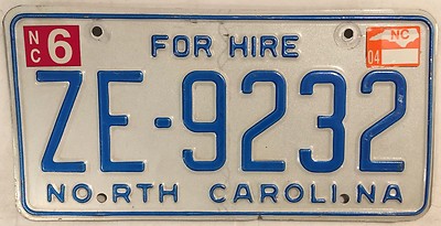 North Carolina TAXI HIRE PASSENGER license Plate Cab Limo Driver ...