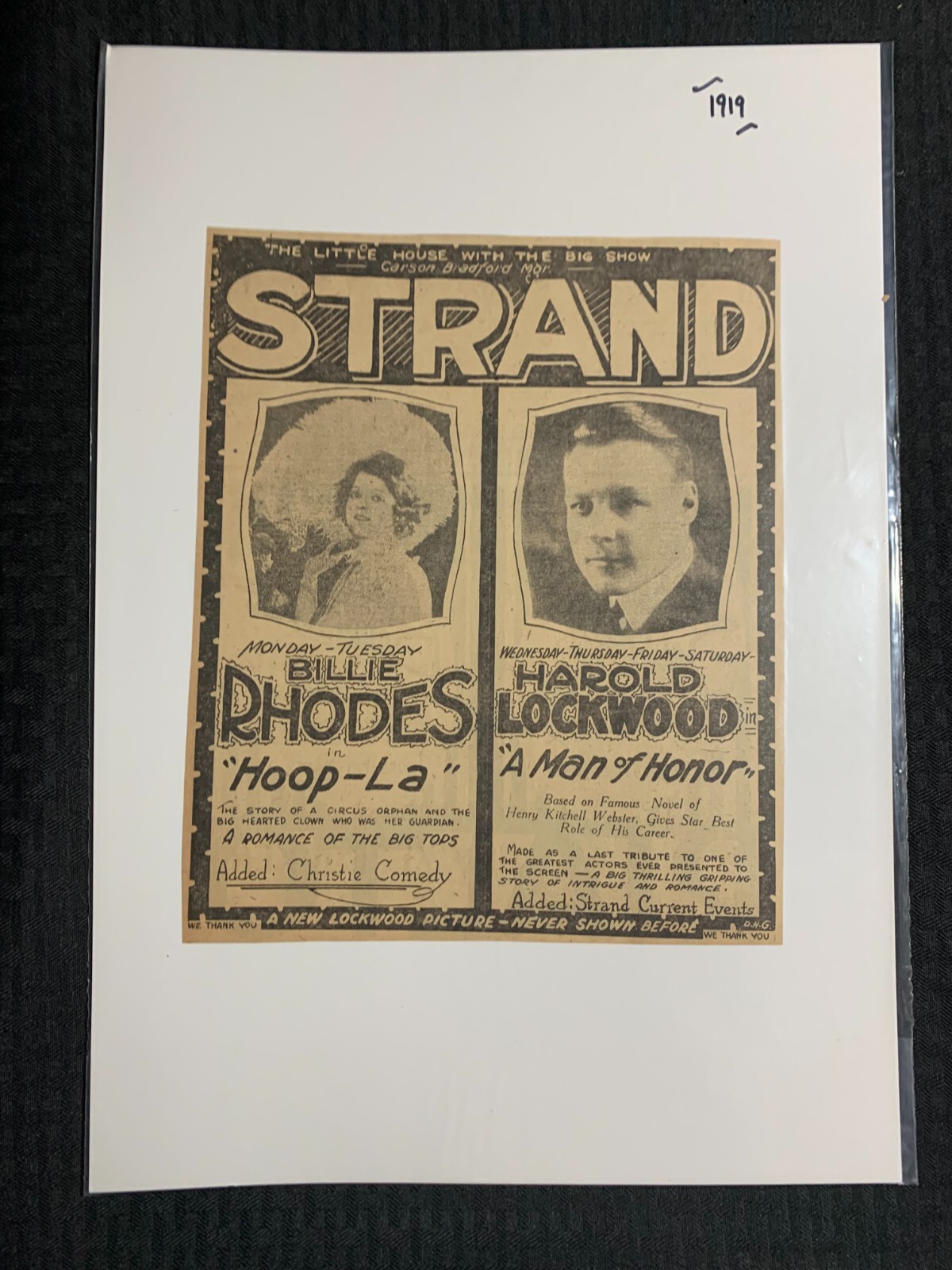 1919 HOOP-LA 9x11" Movie Print Ad VG+ 4.5 Billie Rhodes & Harold ...