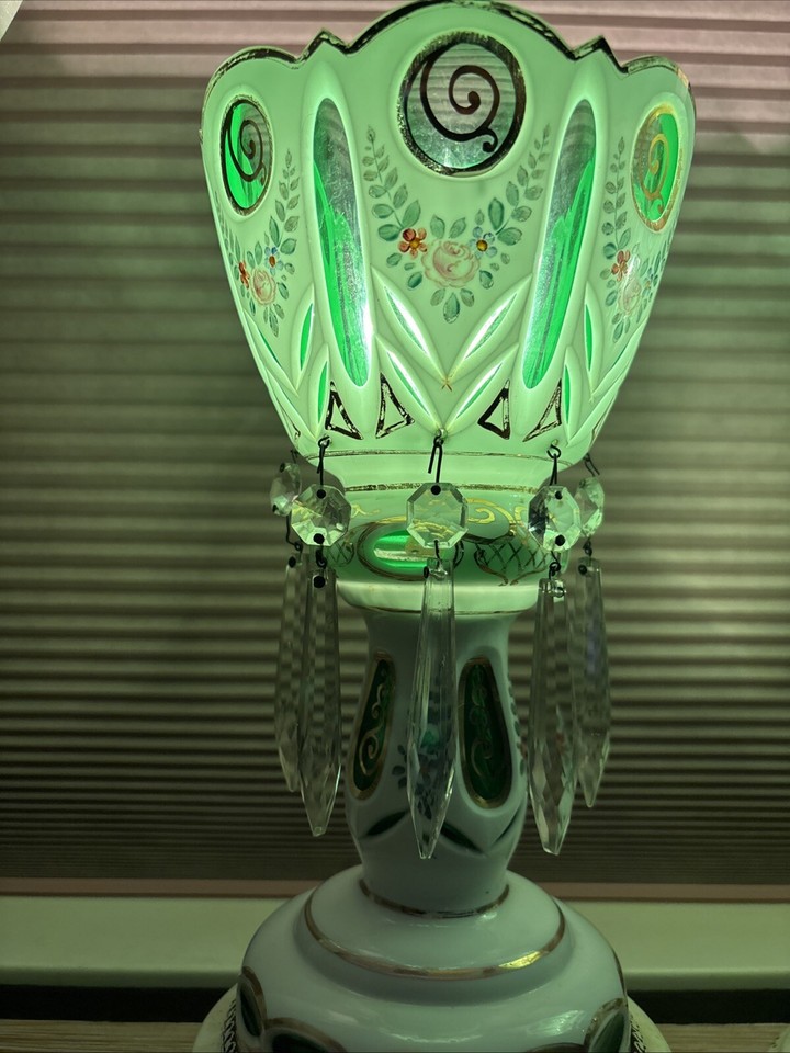 Antique Pair Czech Bohemian Mantle Luster Lamps ~ Cased Glass White Cut ...