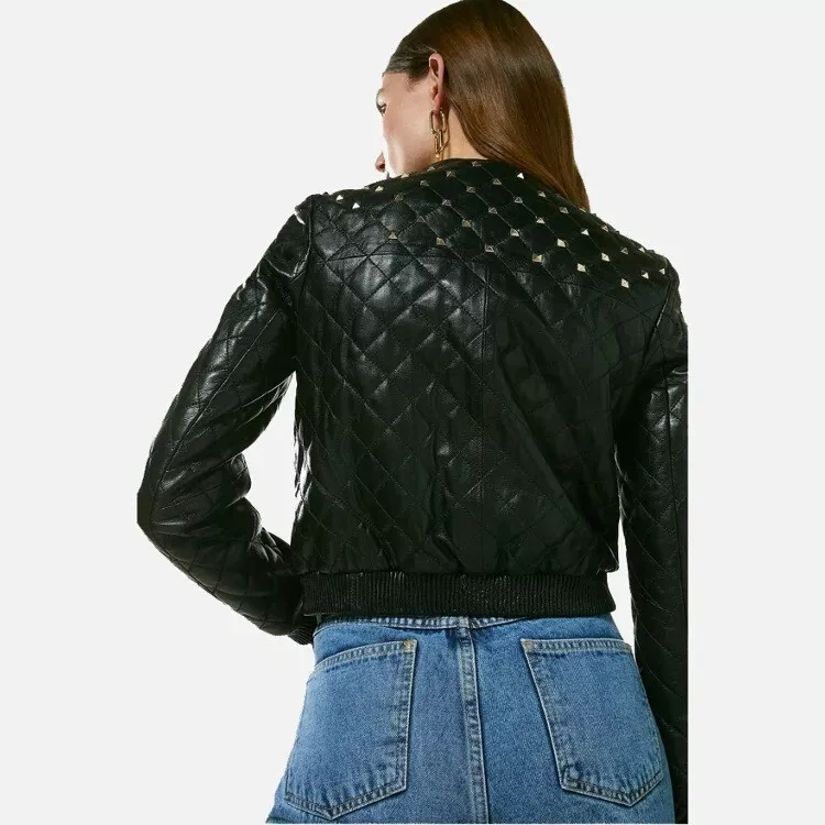Women's Wine Red & Black Studded Biker Motorcycle Bomber Leather Jacket ...