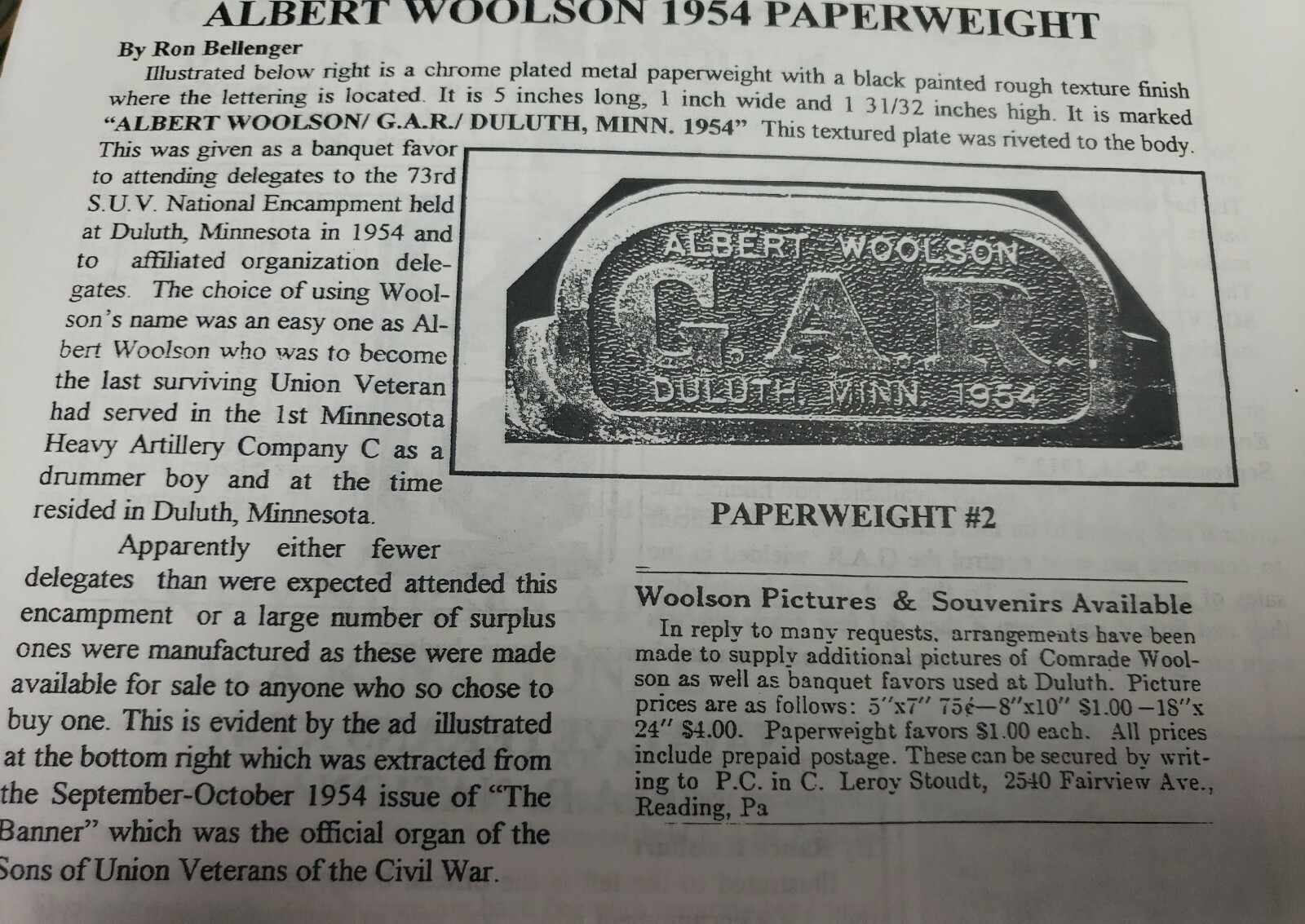 1954 DULUTH MINNESOTA ALBERT WOOLSON GAR PAPERWEIGHT & copy of ...
