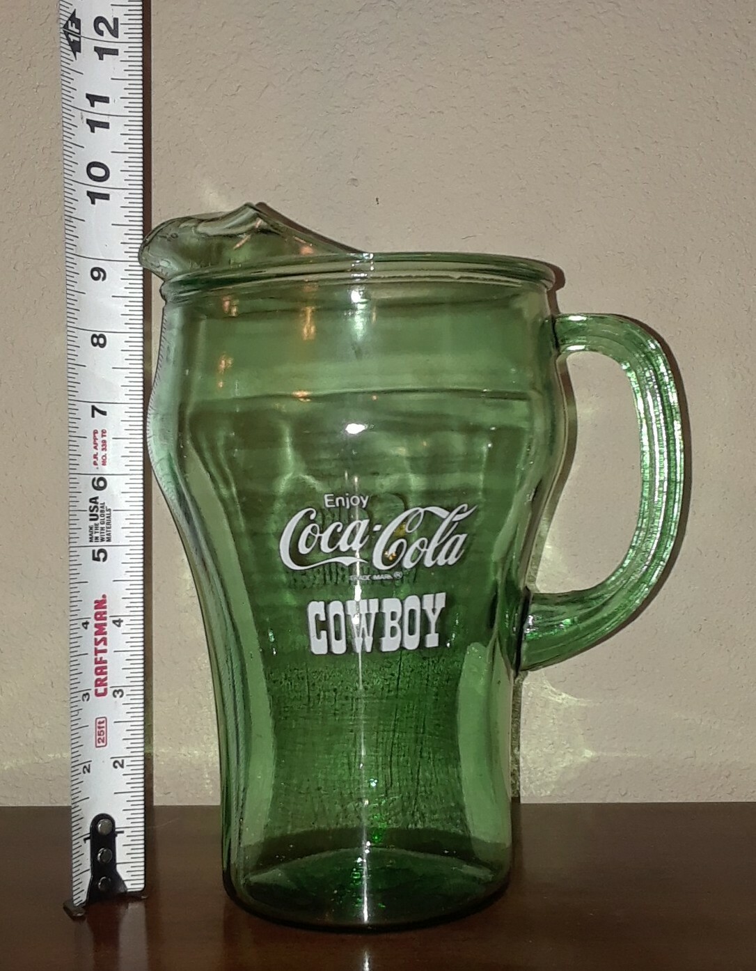 Vtg 8 GREEN COKE COCA COLA GLASS Mugs Glasses & Pitcher COWBOY ...