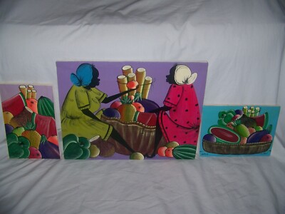 D. Roberts-Artist Jamaica, Signed 3 Paintings Canvas, Market Fruit ...
