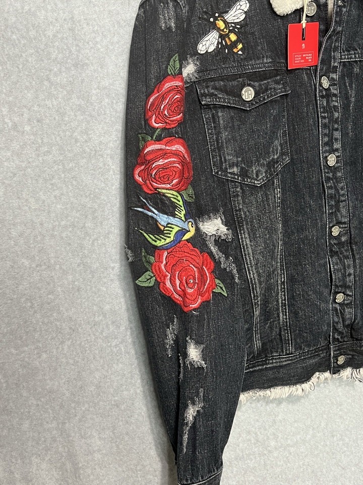 DENIM HOUSE Distress EMBROIDER Black JEAN JACKET Men's 3X TIGER Rose ...