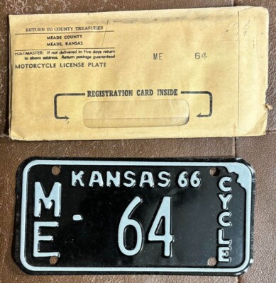 Kansas 1966 MEADE COUNTY MOTORCYCLE License Plate & ENVELOPE # ME-64 | eBay