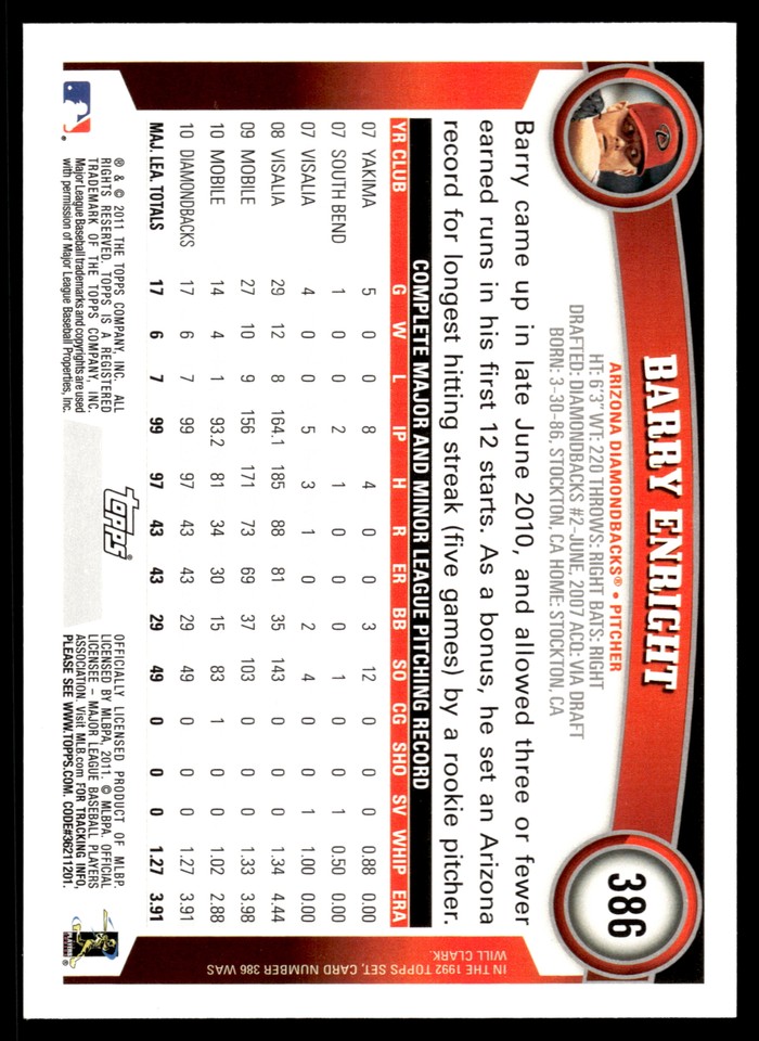 2011 Topps #386 Barry Enright Rookie Arizona Diamondbacks | eBay