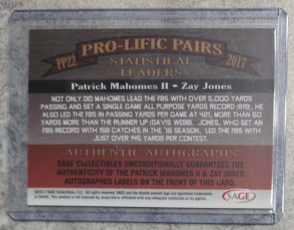 Patrick Mahomes II / Zay Jones Autographed 2017 Rookie Pro-Lific Pairs ...