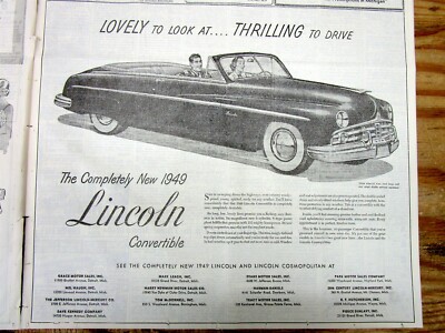 1948 newspaper with illustrated AD for the 1949 LINCOLN CONVERTIBLE ...