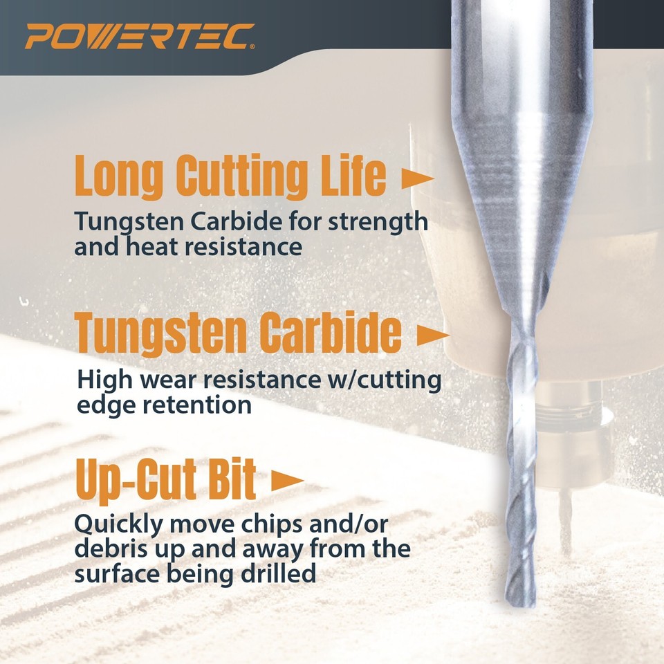 POWERTEC Up Cut Spiral 1/16" Router Bit, 1/4" Shank Tungsten Carbide ...