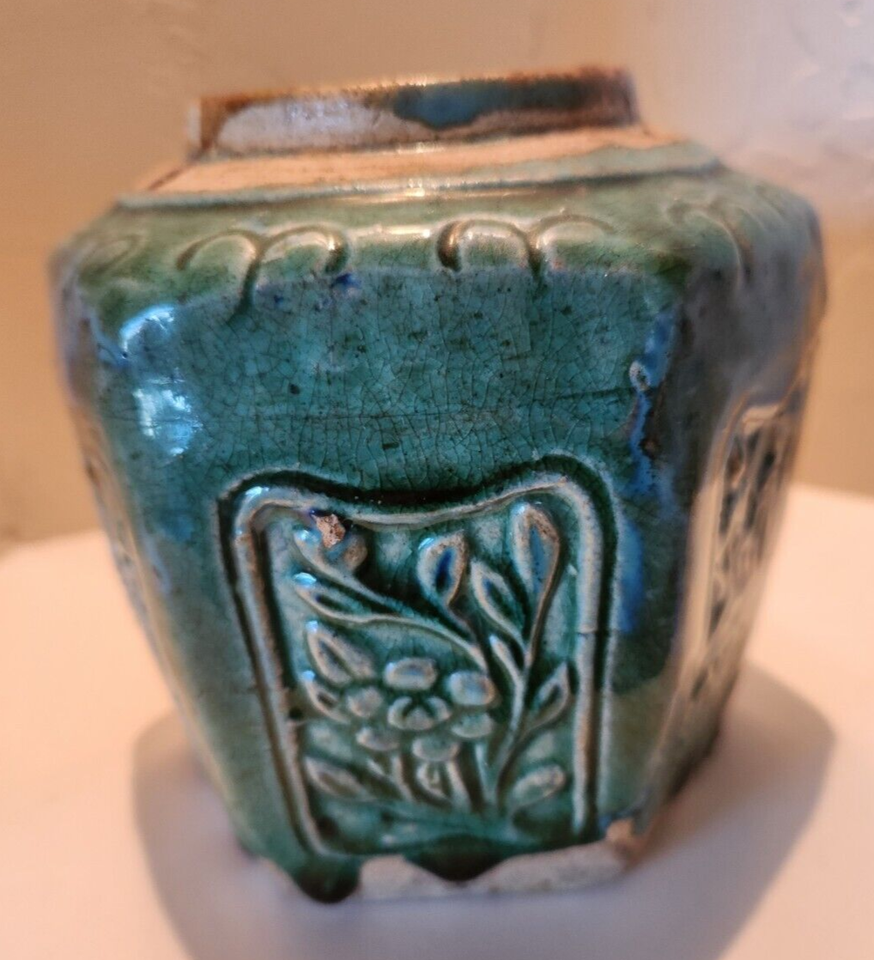 3 Ginger Pots/Jars/Vases Glazed Green Earthenware c1900 Floral Rustic ...