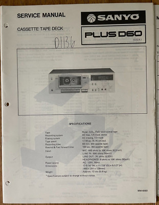SANYO PLUS D60 CASSETTE TAPE DECK ORIGINAL SERVICE REPAIR MANUAL | eBay