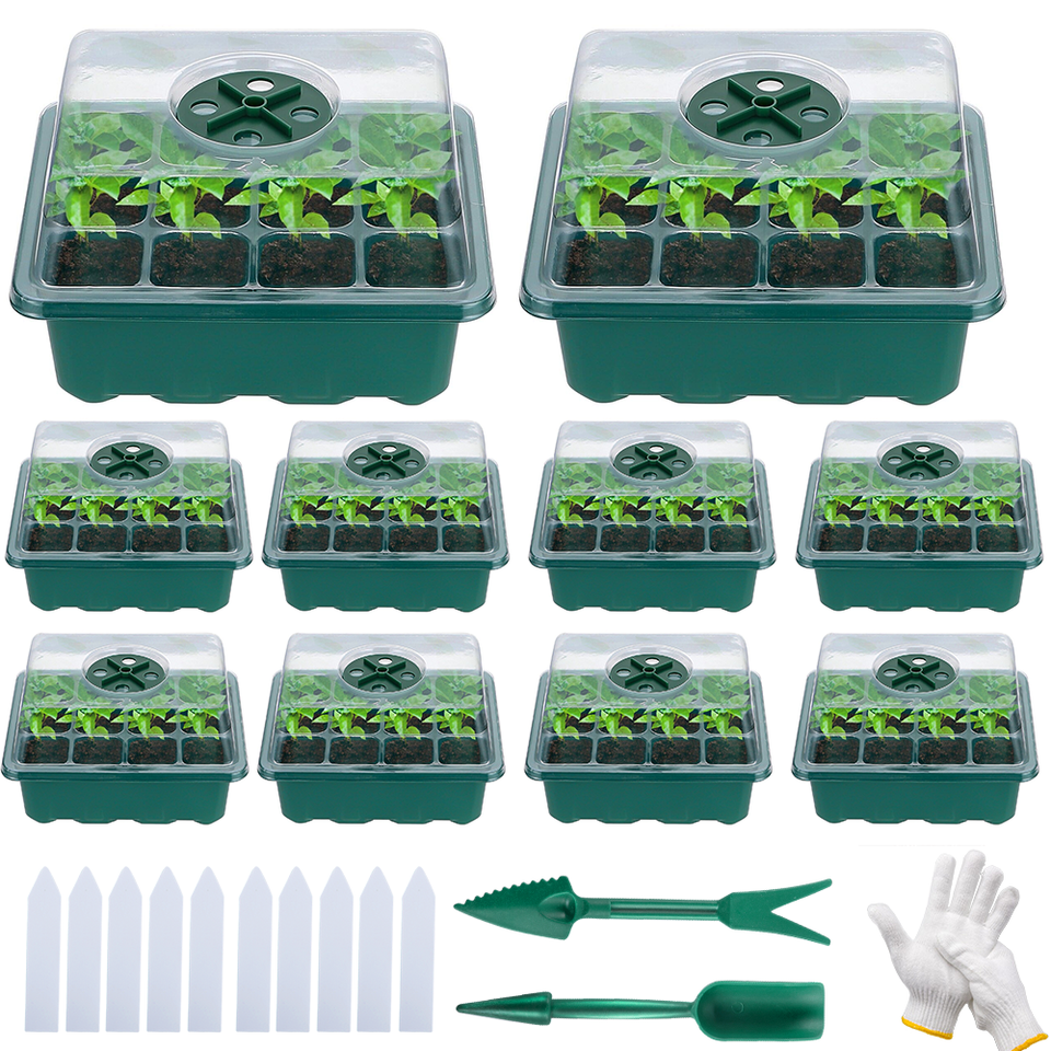 10PCS 12 Holes Seed Starter Trays Grow Trays Plant Germination Box Lid ...