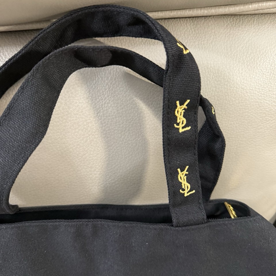 YVES SAINT LAURENT YSL Logo Novelty Tote Bag Hand Zipper Canvas Black ...