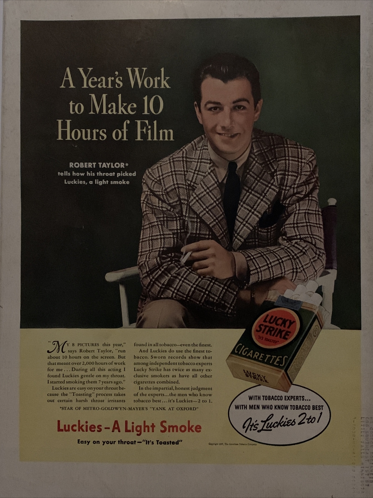 Vintage 1937 Lucky strike print ad. A Years Work To Make 10 Hours Of ...