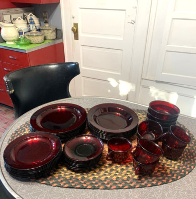 44 Arcoroc dinnerware set Classique Ruby Red Plates Bowls Cups Saucers ...