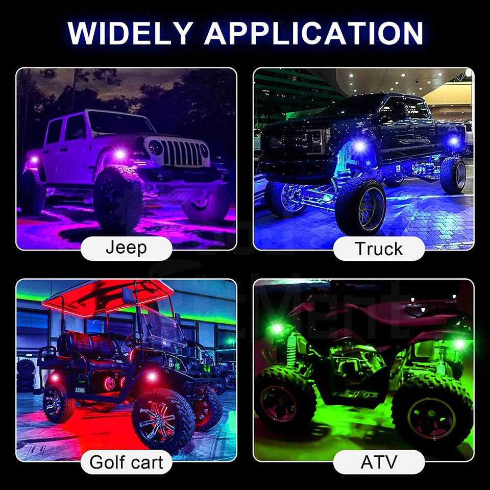 10 Rock Lights + 2x 1ft LED COB RGB Whips Light For Jeep Wrangler JL JK ...