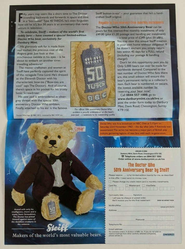 Doctor Who 50th Anniversary Steiff Bear Print Ad Order Form PROMO 11th ...