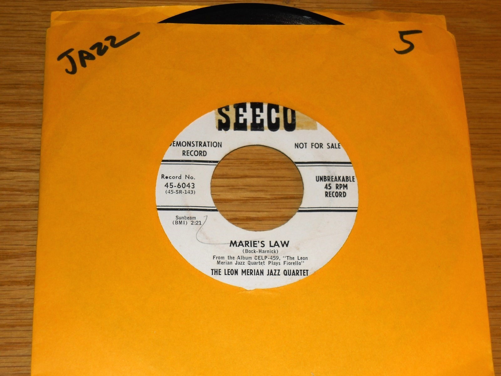 PROMO JAZZ 45 RPM - LEON MERIAN JAZZ QUARTET - SEECO 6043 - "MARIE'S ...