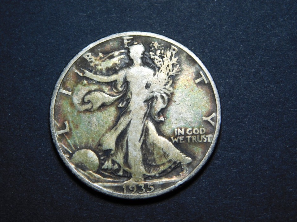 US COINS 1935 GREEN BLUE RED TONING WALKING LIBERTY SILVER HALF DOLLAR ...