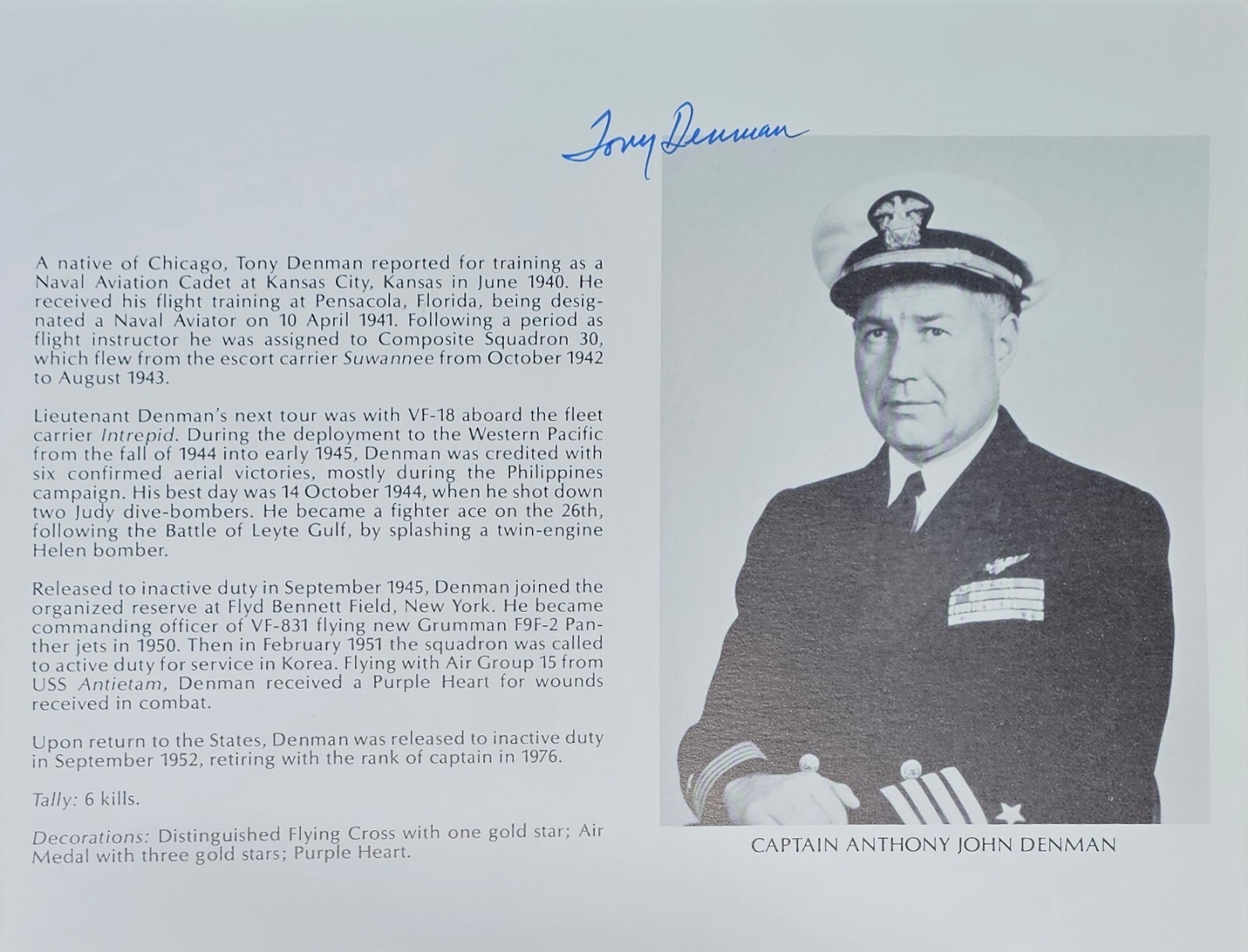 Anthony "Tony" Denman USN 8X10 signed Bio VF-18 HELLCAT ACE 6V WWII | eBay