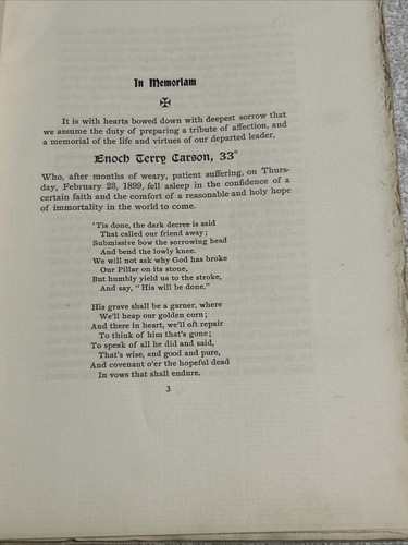 IN MEMORIAM ENOCH TERRY CARSON 33 DEGREE 1822-1899 MASONIC FREEMASONRY ...