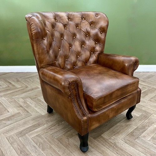 Elm Home And Garden Genuine Real Brown Tan Leather Wing Wrap Arm Chair ...