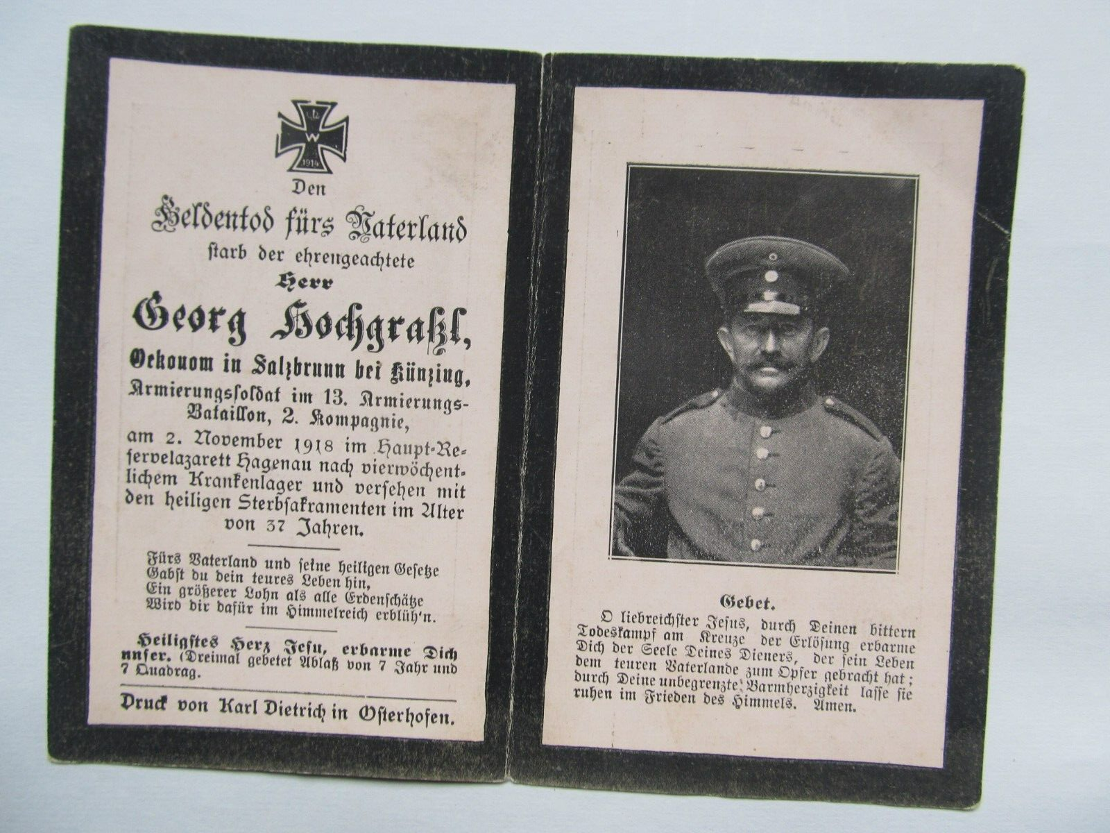 RARE WWI German Death Crd, Armiersoldier DIED JUST 9 DAYS BEFORE WAR ...