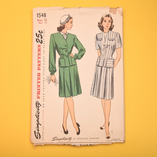 Vintage 1940s Simplicity Skirt Suit Sewing Pattern - 1548 - Bust 34 ...