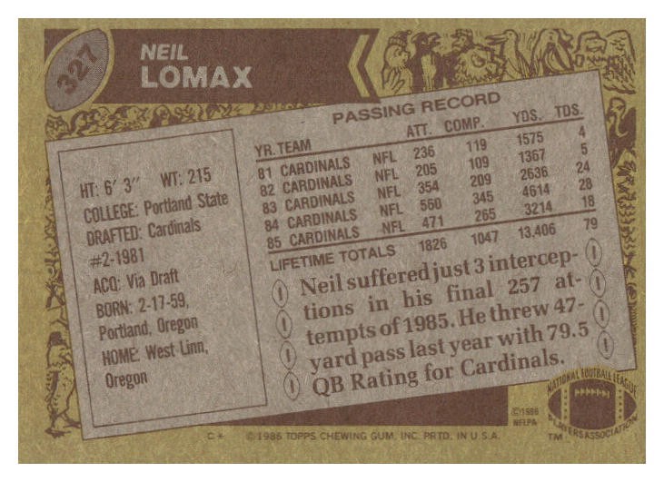 1986 Topps #327 Neil Lomax St. Louis Cardinals Football Card 33699 | eBay