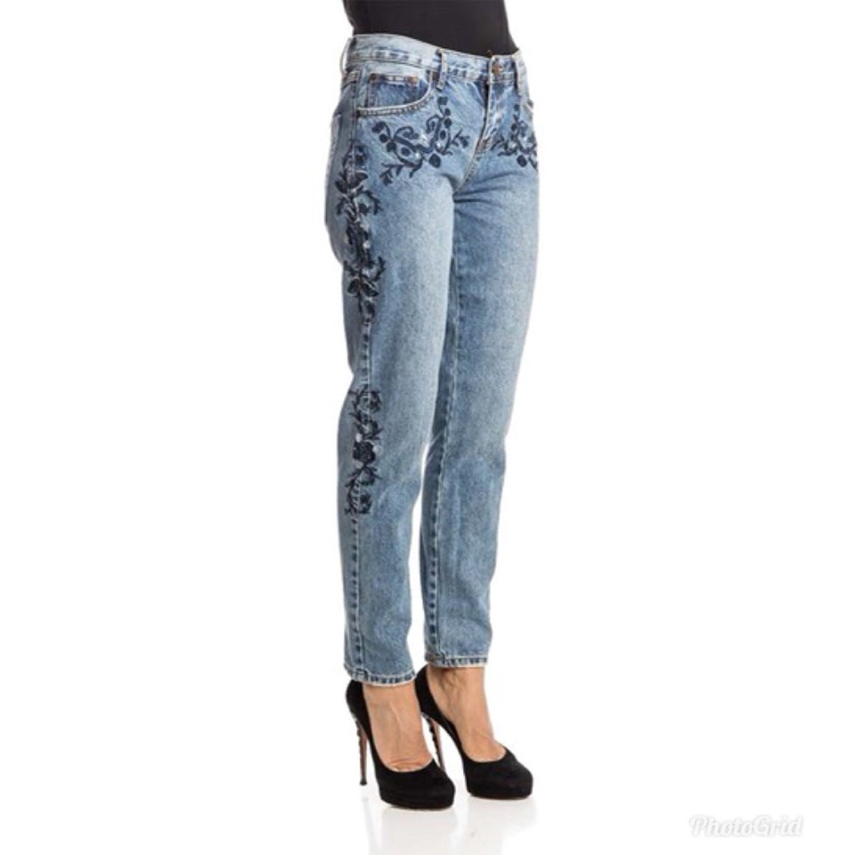 One Teaspoon NWT Floral Embroidered Jeans Straight Light Wash Lola Awe ...