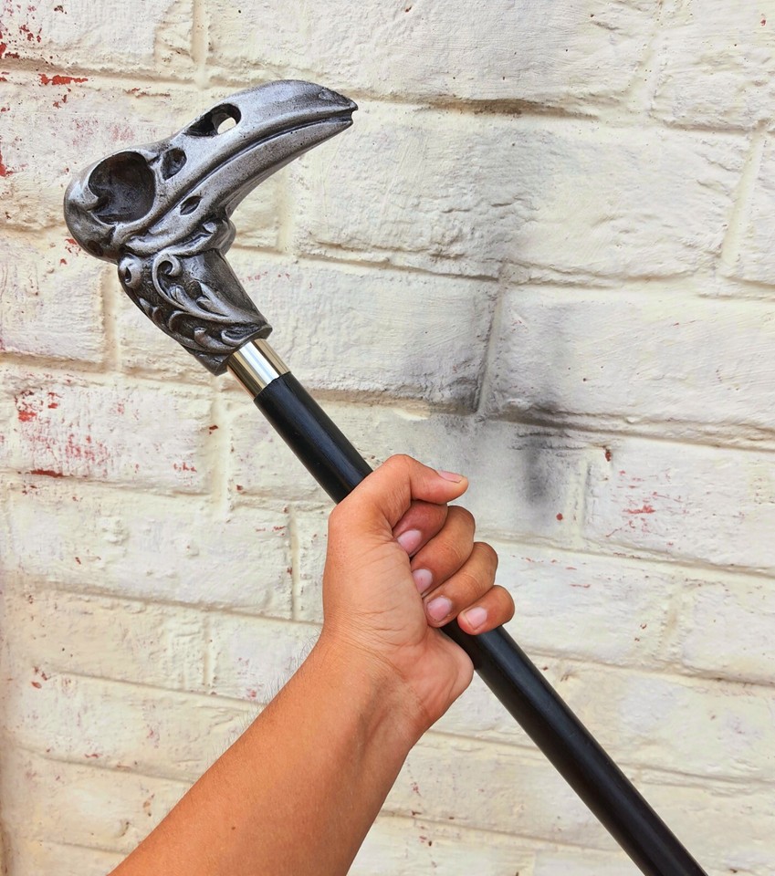 Heavy Raven Skull Handle With Black 2 fold Wooden Walking Cane Metal ...