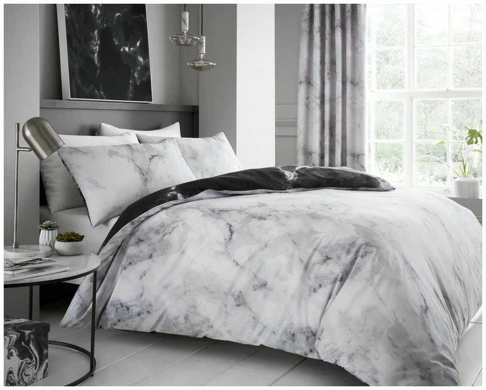 Marble Effect Reversible Polycotton Duvet Quilt Cover & Pillowcase ...