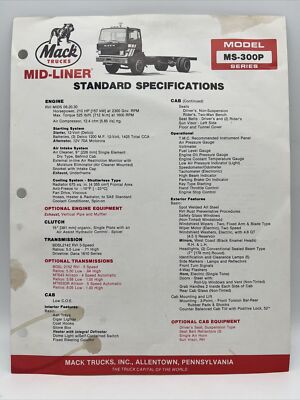 1983 MACK MODEL MS-300P MID-LINER Standard Equipment Specs Truck ...