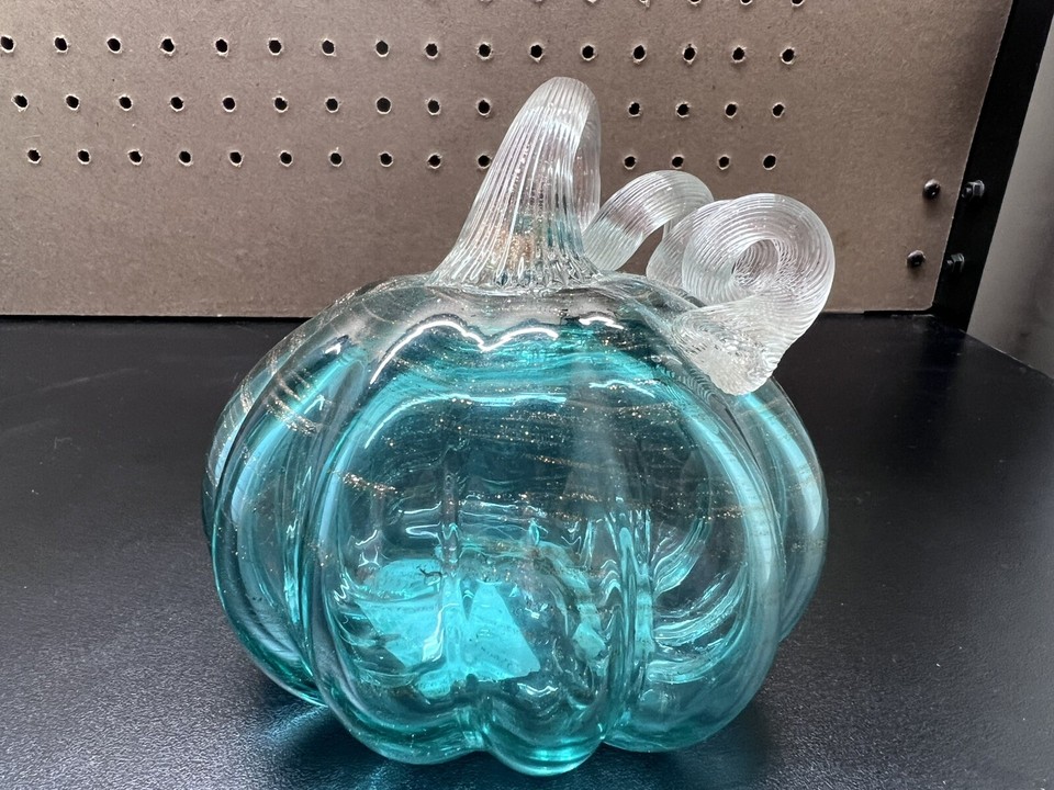 Art Glass Pumpkin Aqua/Turquoise Blue With Gold Glitter Clear Curly ...