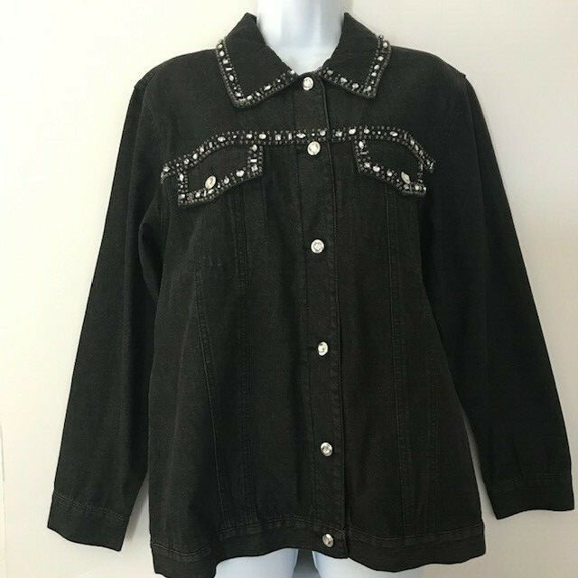 The Quacker Factory Rhinestone Studded Black Denim Jacket 100% Cotton ...