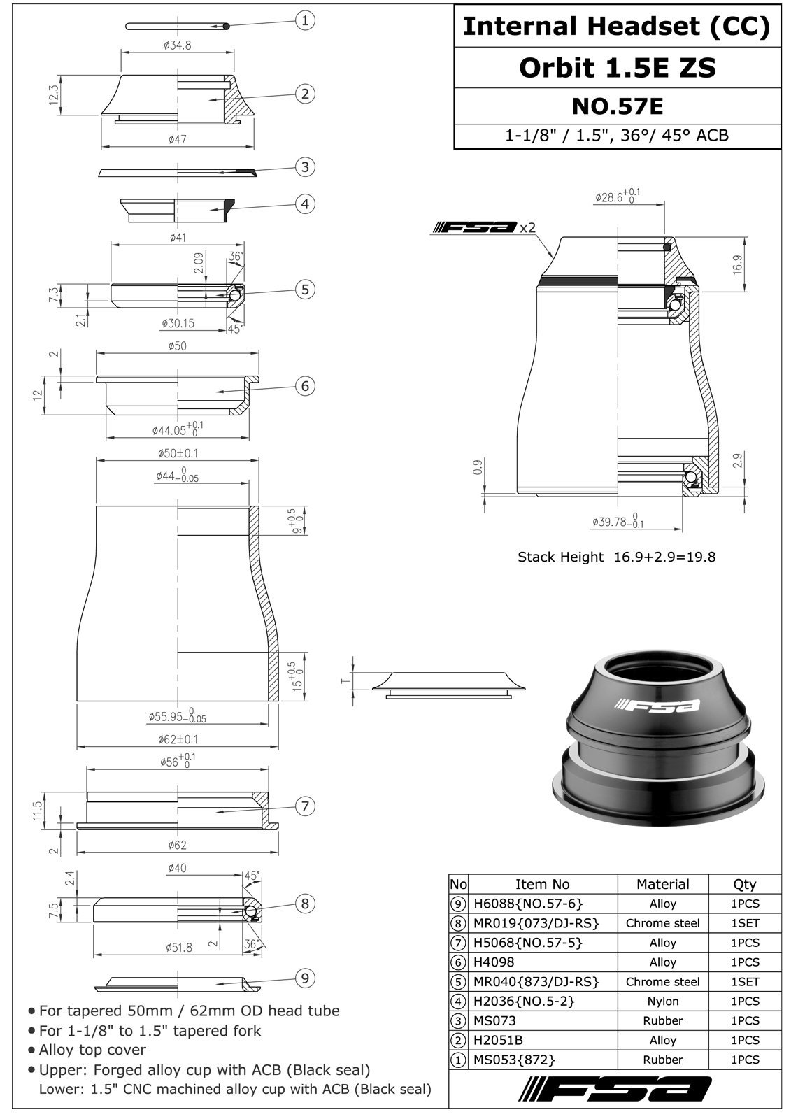 FSA No.57E Orbit Tapered Headset Sealed Bearing ZS 1-1/8-1.5" OD 50 ...