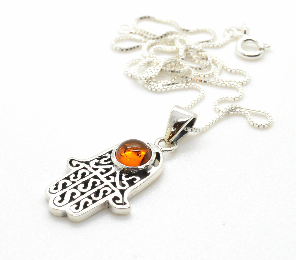 Hamsa Hand of God Pendant Sterling silver with Baltic Amber 18" silver ...
