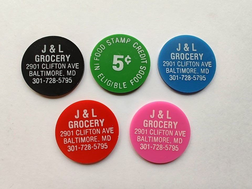 J & L Grocery Food Stamp Credit Trade Token Set (5) Baltimore Maryland ...