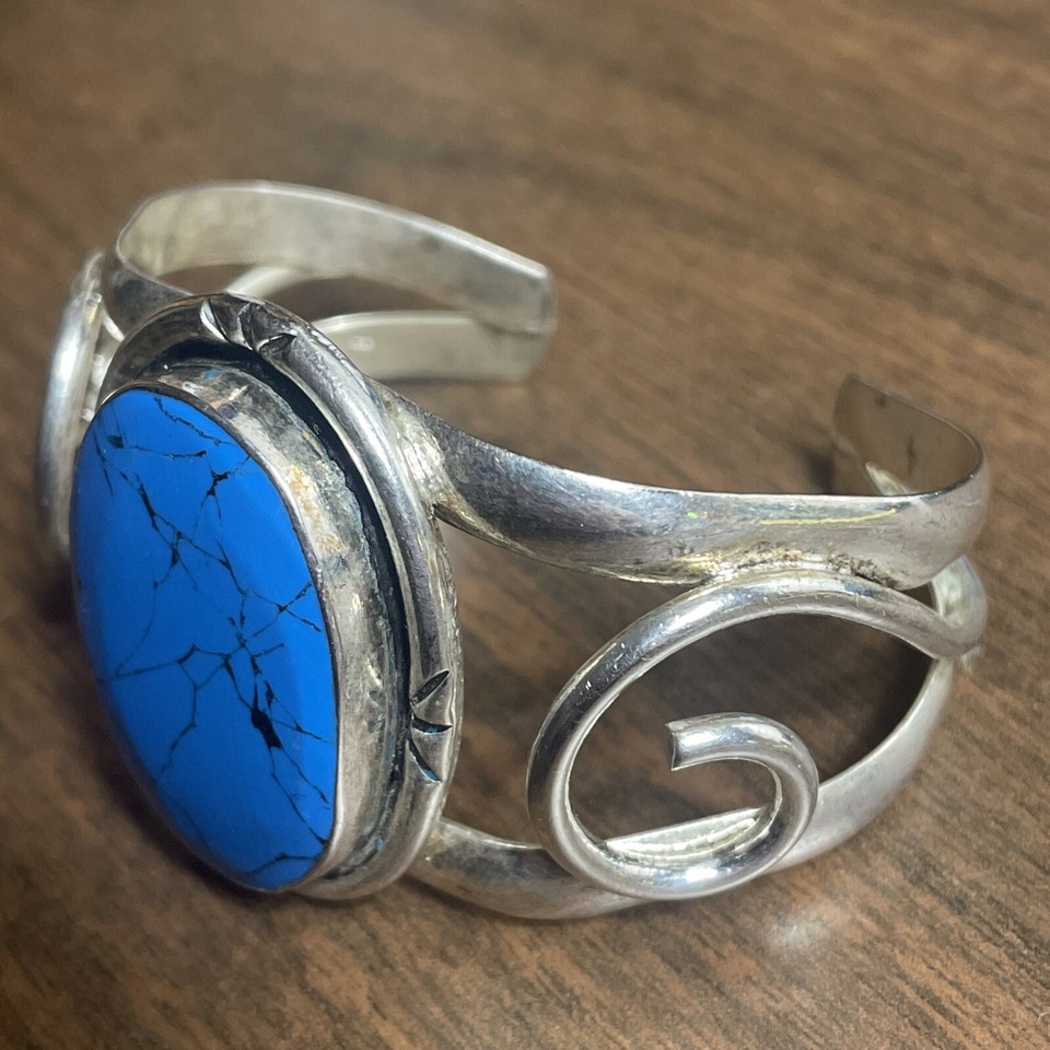 Vintage Southwestern Sterling Silver Turquoise Cabochon Cuff Bracelet ...
