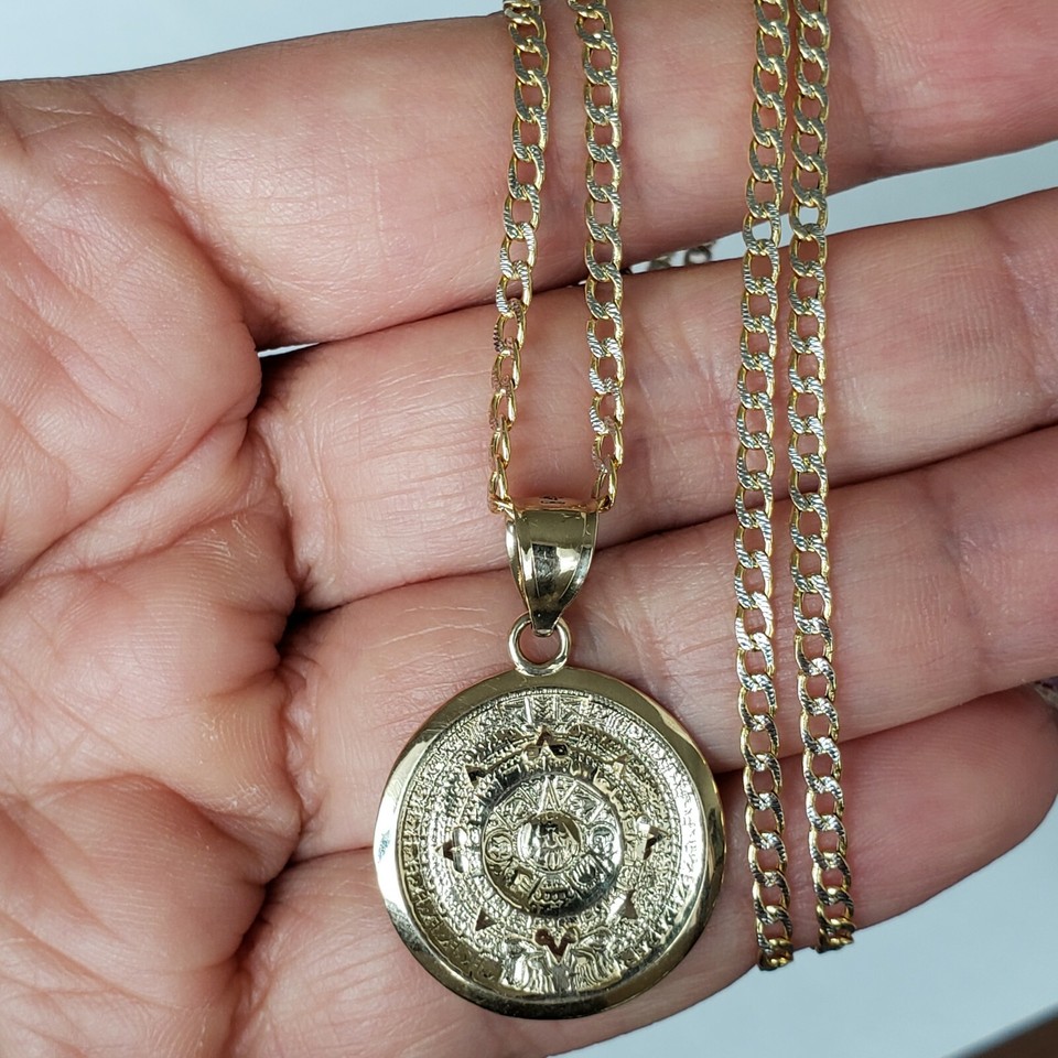 Solid 14k Yellow Gold Aztec Medallion Calendar Pendant 20 Inch cuban ...